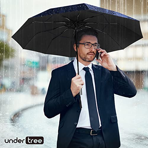 UNDERTREE Windproof Umbrellas for Rain, Double Canopy Folding Umbrella with 10 Fiberglass Ribs, Compact Travel Umbrella, One Button Auto Open/Close, Navy Blue-23