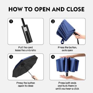 UNDERTREE Windproof Umbrellas for Rain, Double Canopy Folding Umbrella with 10 Fiberglass Ribs, Compact Travel Umbrella, One Button Auto Open/Close, Navy Blue-23