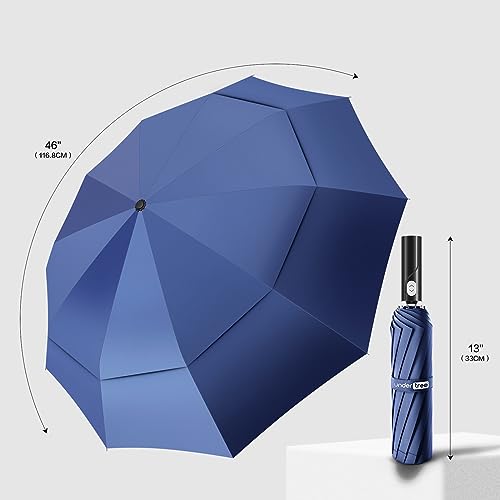 UNDERTREE Windproof Umbrellas for Rain, Double Canopy Folding Umbrella with 10 Fiberglass Ribs, Compact Travel Umbrella, One Button Auto Open/Close, Navy Blue-23