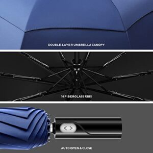 UNDERTREE Windproof Umbrellas for Rain, Double Canopy Folding Umbrella with 10 Fiberglass Ribs, Compact Travel Umbrella, One Button Auto Open/Close, Navy Blue-23