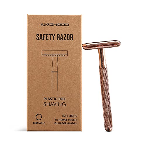 Kinghood Safety Razor, Zero Waste Reusable Razor for Men, Metal Handle Safety Razor with Brass Weighted Handle and 10 Double Edge Razor Blade, Perfect for Coarse Beard (Rose Gold)