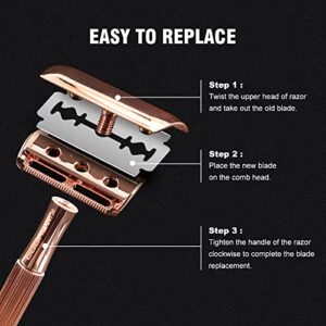 Kinghood Safety Razor, Zero Waste Reusable Razor for Men, Metal Handle Safety Razor with Brass Weighted Handle and 10 Double Edge Razor Blade, Perfect for Coarse Beard (Rose Gold)