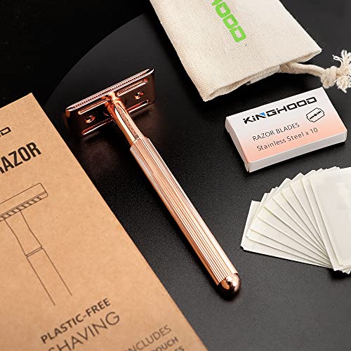 Kinghood Safety Razor, Zero Waste Reusable Razor for Men, Metal Handle Safety Razor with Brass Weighted Handle and 10 Double Edge Razor Blade, Perfect for Coarse Beard (Rose Gold)