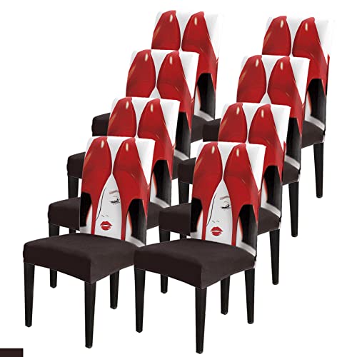 Dining Chair Covers, Sexy Red High Heels Fashion Woman Face Stretch Parsons Chair Slipcovers Removable Chair Protector Cover for Kitchen Hotel Restaurant, Set of 8