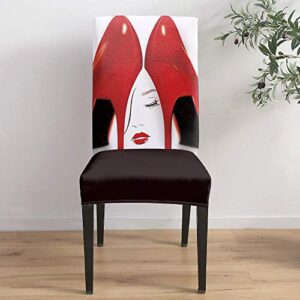 Dining Chair Covers, Sexy Red High Heels Fashion Woman Face Stretch Parsons Chair Slipcovers Removable Chair Protector Cover for Kitchen Hotel Restaurant, Set of 8