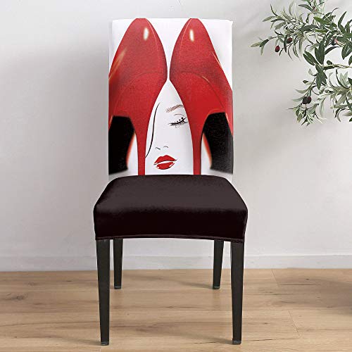 Dining Chair Covers, Sexy Red High Heels Fashion Woman Face Stretch Parsons Chair Slipcovers Removable Chair Protector Cover for Kitchen Hotel Restaurant, Set of 8