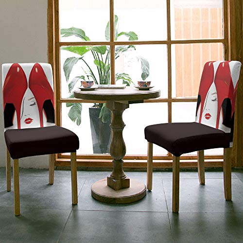 Dining Chair Covers, Sexy Red High Heels Fashion Woman Face Stretch Parsons Chair Slipcovers Removable Chair Protector Cover for Kitchen Hotel Restaurant, Set of 8