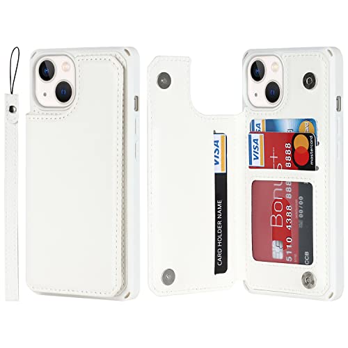 Cavor for iPhone 13 Wallet Case for Women Men,iPhone 13 Case with Card Holder,Phone Cases for iPhone 13 with Stand & Strap，Leather Credit Card Holders Shockproof Protective Cover-White