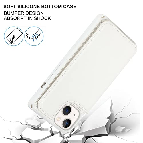 Cavor for iPhone 13 Wallet Case for Women Men,iPhone 13 Case with Card Holder,Phone Cases for iPhone 13 with Stand & Strap，Leather Credit Card Holders Shockproof Protective Cover-White