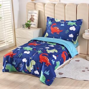 Wowelife Toddler Bedding Sets for Boys, Premium 4 Piece Dinosaur Toddler Comforter Set, Blue Bed-in-a-Bag, Super Soft and Comfortable for Toddler