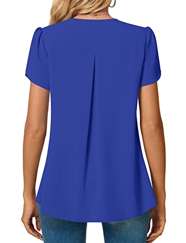 Anyally Womens Summer Dressy Chiffon Blouses V Neck Petal Short Sleeve Tunic Tops for Leggings Casual T-Shirts, L Royal Blue