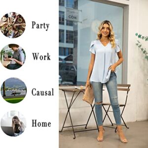 Anyally Womens Summer Dressy Chiffon Blouses V Neck Petal Short Sleeve Tunic Tops for Leggings Casual T-Shirts, L Royal Blue