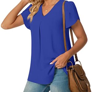 Anyally Womens Summer Dressy Chiffon Blouses V Neck Petal Short Sleeve Tunic Tops for Leggings Casual T-Shirts, L Royal Blue