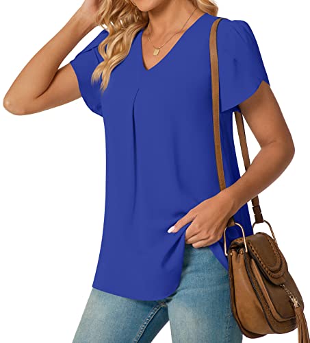 Anyally Womens Summer Dressy Chiffon Blouses V Neck Petal Short Sleeve Tunic Tops for Leggings Casual T-Shirts, L Royal Blue