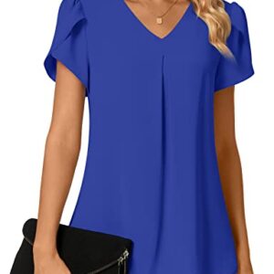 Anyally Womens Summer Dressy Chiffon Blouses V Neck Petal Short Sleeve Tunic Tops for Leggings Casual T-Shirts, L Royal Blue