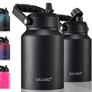 EALGRO Half Gallon Insulated Water Bottle Jug with Straw, 64 oz Large Stainless Steel Sports Metal Water Flask with Handle, Thermal Water Cup Mug with 2 Lids, Black