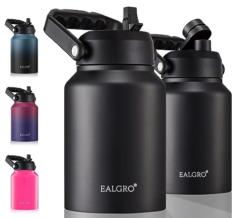 EALGRO Half Gallon Insulated Water Bottle Jug with Straw, 64 oz Large Stainless Steel Sports Metal Water Flask with Handle, Thermal Water Cup Mug with 2 Lids, Black