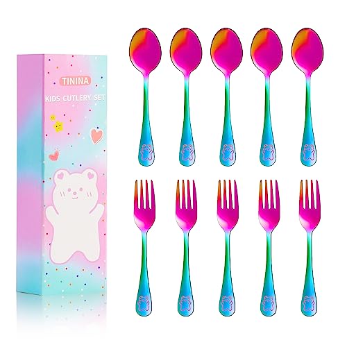 Set of 10, Stainless Steel Rainbow Kids' Forks(5.8in) and Spoons(5.8in) Silverware Set, Child Safe Flatware. Cute Bear Pattern Kids Utensils, Metal Kids Cutlery Set For Lunchbox.