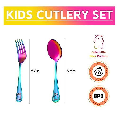 Set of 10, Stainless Steel Rainbow Kids' Forks(5.8in) and Spoons(5.8in) Silverware Set, Child Safe Flatware. Cute Bear Pattern Kids Utensils, Metal Kids Cutlery Set For Lunchbox.