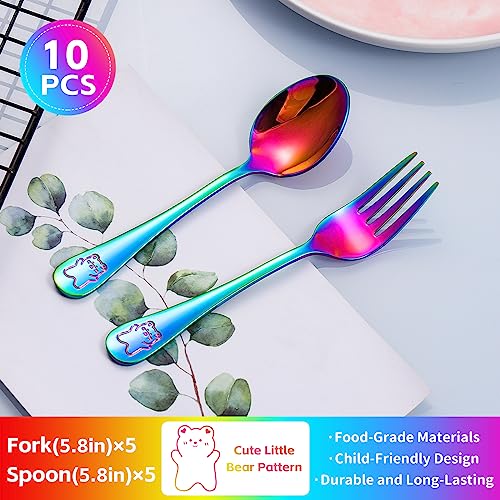 Set of 10, Stainless Steel Rainbow Kids' Forks(5.8in) and Spoons(5.8in) Silverware Set, Child Safe Flatware. Cute Bear Pattern Kids Utensils, Metal Kids Cutlery Set For Lunchbox.