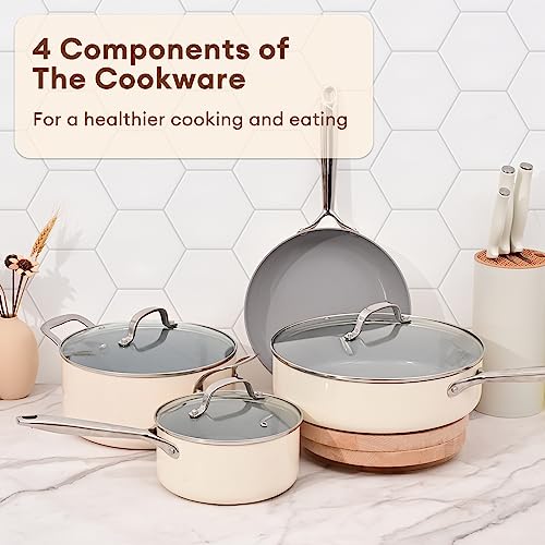 JEETEE Ceramic Cookware Set, White Pots and Pans Set Nonstick,7 PCS Kitchen Induction Sets, PTFE & PFOA Free, Oven Safe, Compatible with All Stoves- Cream