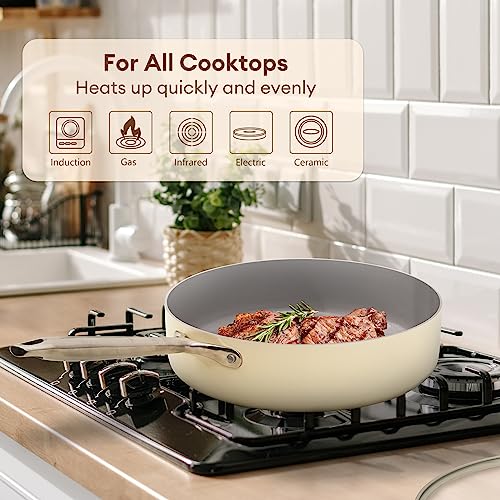 JEETEE Ceramic Cookware Set, White Pots and Pans Set Nonstick,7 PCS Kitchen Induction Sets, PTFE & PFOA Free, Oven Safe, Compatible with All Stoves- Cream