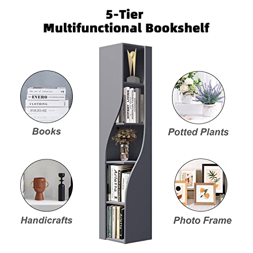 5-Tier Corner Bookcase Bookshelf Open Bookcase and Bookshelf Freestanding Display Storage Shelves Tall Bookcase for Bedroom, Living Room and Office, Dark Gray Multiple Use Option, Modern Design