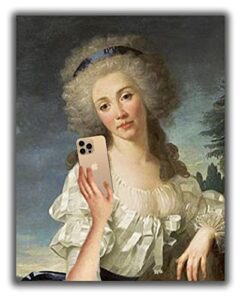 altered portrait art no.16 wall print - 11x14 unframed vintage eclectic surreal rococco female funny portrait decor. lady taking selfie with cellphone