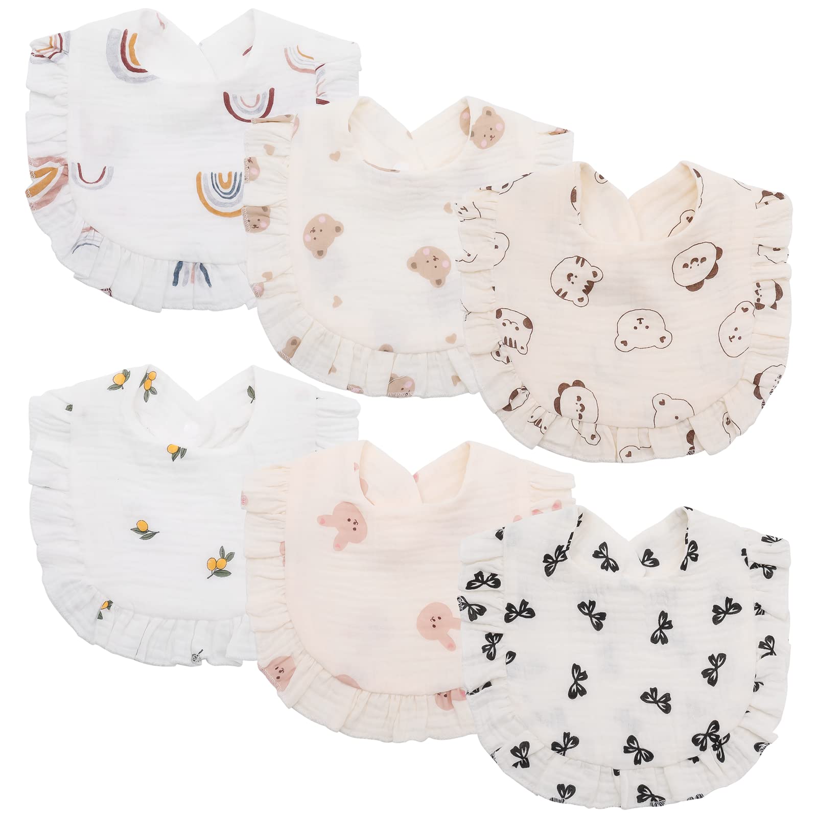 QUEEN KING 6 Pack Baby Bibs, Muslin Bandana Drool Bibs for Boys Girls, Adjustable Soft & Absorbent lace Feeding Bibs for Teething and Drooling Multi-Use Scarf Bibs(A)