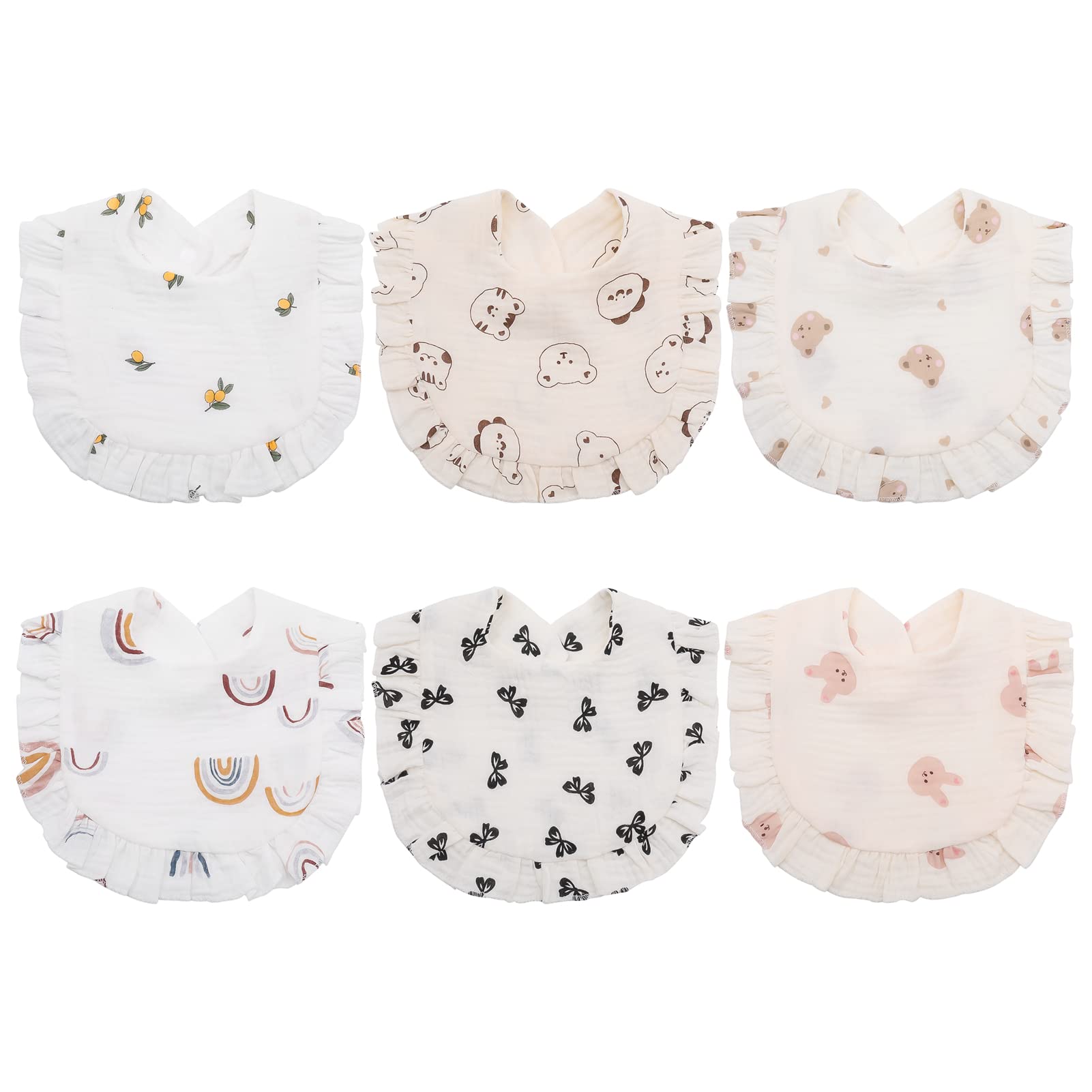 QUEEN KING 6 Pack Baby Bibs, Muslin Bandana Drool Bibs for Boys Girls, Adjustable Soft & Absorbent lace Feeding Bibs for Teething and Drooling Multi-Use Scarf Bibs(A)