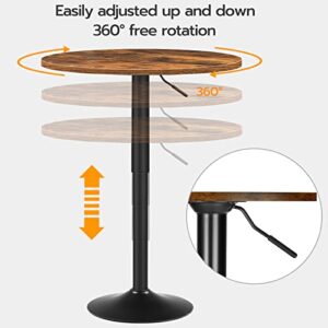 HOOBRO Bar Table, Height-Adjustable Round Pub Table 27-35.4 Inches, Cocktail Table with Base, Modern Style, Suitable for Living Room, Dining Room, Bistro, Rustic Brown BF58BT01G1