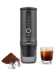 outin nano portable electric espresso machine with 3-4 min self-heating, 20 bar mini small 12v 24v car coffee maker, compatible with ns capsule & ground coffee for camping, travel, rv, hiking, office