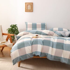 nsnlgsgc buffalo plaid duvet cover set grayish blue twin,check simple geometric square pattern bedding set,modern soft washed microfiber comforter cover (2pcs,twin)