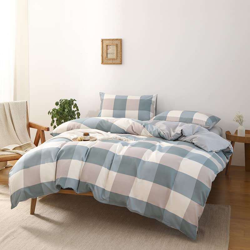 NSNLGSGC Buffalo Plaid Duvet Cover Set Grayish Blue Twin,Check Simple Geometric Square Pattern Bedding Set,Modern Soft Washed Microfiber Comforter Cover (2PCS,Twin)