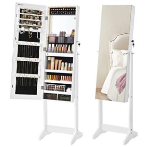 songmics mirror jewelry cabinet standing armoire organizer, jewelry storage with full-length frameless led lights, built-in makeup mirror, 2 drawers, lockable, white ujjc023w01