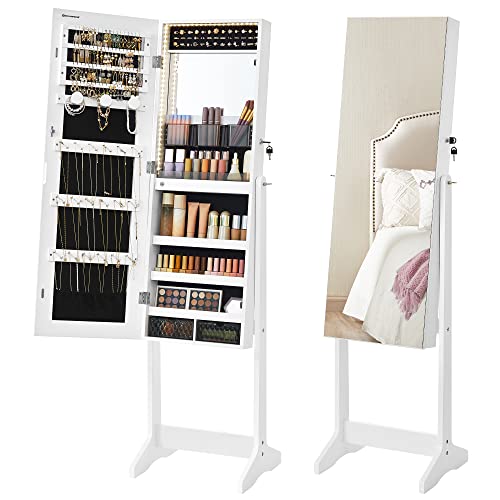 SONGMICS Mirror Jewelry Cabinet Standing Armoire Organizer, Jewelry Storage with Full-Length Frameless LED Lights, Built-in Makeup Mirror, 2 Drawers, Lockable, White UJJC023W01