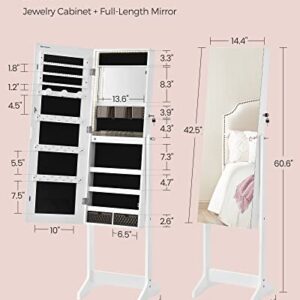 SONGMICS Mirror Jewelry Cabinet Standing Armoire Organizer, Jewelry Storage with Full-Length Frameless LED Lights, Built-in Makeup Mirror, 2 Drawers, Lockable, White UJJC023W01