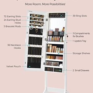 SONGMICS Mirror Jewelry Cabinet Standing Armoire Organizer, Jewelry Storage with Full-Length Frameless LED Lights, Built-in Makeup Mirror, 2 Drawers, Lockable, White UJJC023W01