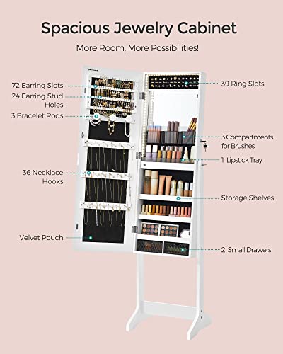 SONGMICS Mirror Jewelry Cabinet Standing Armoire Organizer, Jewelry Storage with Full-Length Frameless LED Lights, Built-in Makeup Mirror, 2 Drawers, Lockable, White UJJC023W01