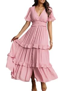 amegoya women's v neck summer boho maxi dress wedding guest tiered ruffle sleeve long flowy dresses (pink xl)