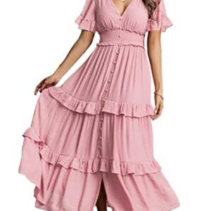 Amegoya Women's V Neck Summer Boho Maxi Dress Wedding Guest Tiered Ruffle Sleeve Long Flowy Dresses (Pink XL)