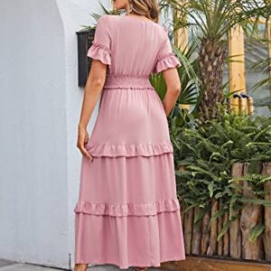 Amegoya Women's V Neck Summer Boho Maxi Dress Wedding Guest Tiered Ruffle Sleeve Long Flowy Dresses (Pink XL)