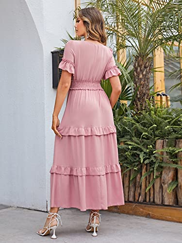 Amegoya Women's V Neck Summer Boho Maxi Dress Wedding Guest Tiered Ruffle Sleeve Long Flowy Dresses (Pink XL)