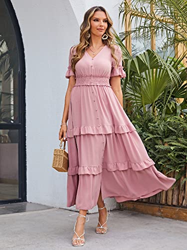 Amegoya Women's V Neck Summer Boho Maxi Dress Wedding Guest Tiered Ruffle Sleeve Long Flowy Dresses (Pink XL)