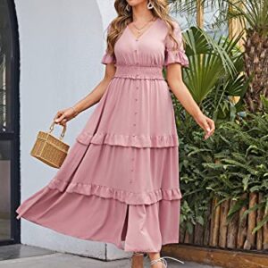 Amegoya Women's V Neck Summer Boho Maxi Dress Wedding Guest Tiered Ruffle Sleeve Long Flowy Dresses (Pink XL)