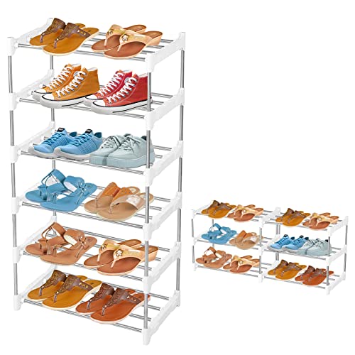 Frqianly Shoe Rack,6 Tiers Shoe Storage Organizer,12-14 Pairs Stackable Shoe Tower,Metal Shoe Shelf Stand for Entryway Closet,Easy Assembly,Space Saving (White)