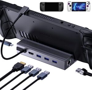 nycaco docking station for steam deck & asus rog ally, 6 in 1 steam deck dock with hdmi 2.0 4k@60hz, gigabit ethernet, 3 usb 3.0 and 100w usb c charging port for steam deck, aluminum alloy.