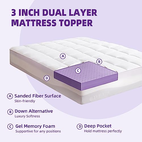 BDEUS Dual Layer 3 Inch Memory Foam Mattress Topper Queen Size, 2 Inch Cooling Gel Memory Foam Plus 1 Inch Down Alternative Quilted Pillow Top Cover,Back Pain Relief