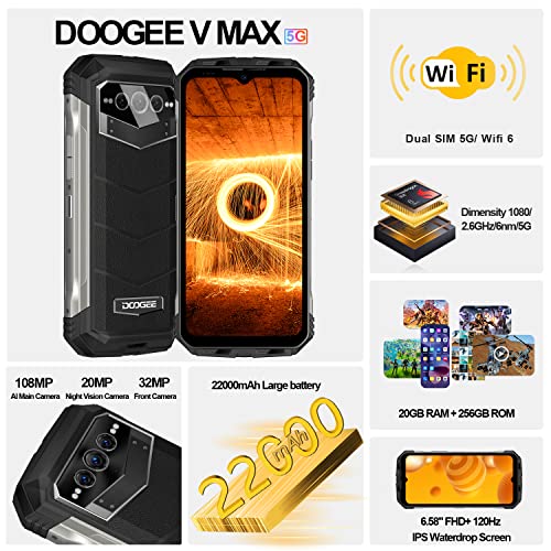 DOOGEE V MAX (2023) 5G Rugged Smartphone, 22000mAh 20GB+256GB Android 12 Rugged Phones Unlocked, 120Hz 6.58" Rugged Cell Phone, Dual Hi-res Speakers, 108MP Main Camera, Night Vision, NFC, OTG