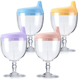 4 pcs wine sippy cup goblet plastic wine glass sippy cup beverage mug with lid milk bottles for toddlers over 8 months for baby kids birthday christmas party celebration, blue, pink, yellow, purple